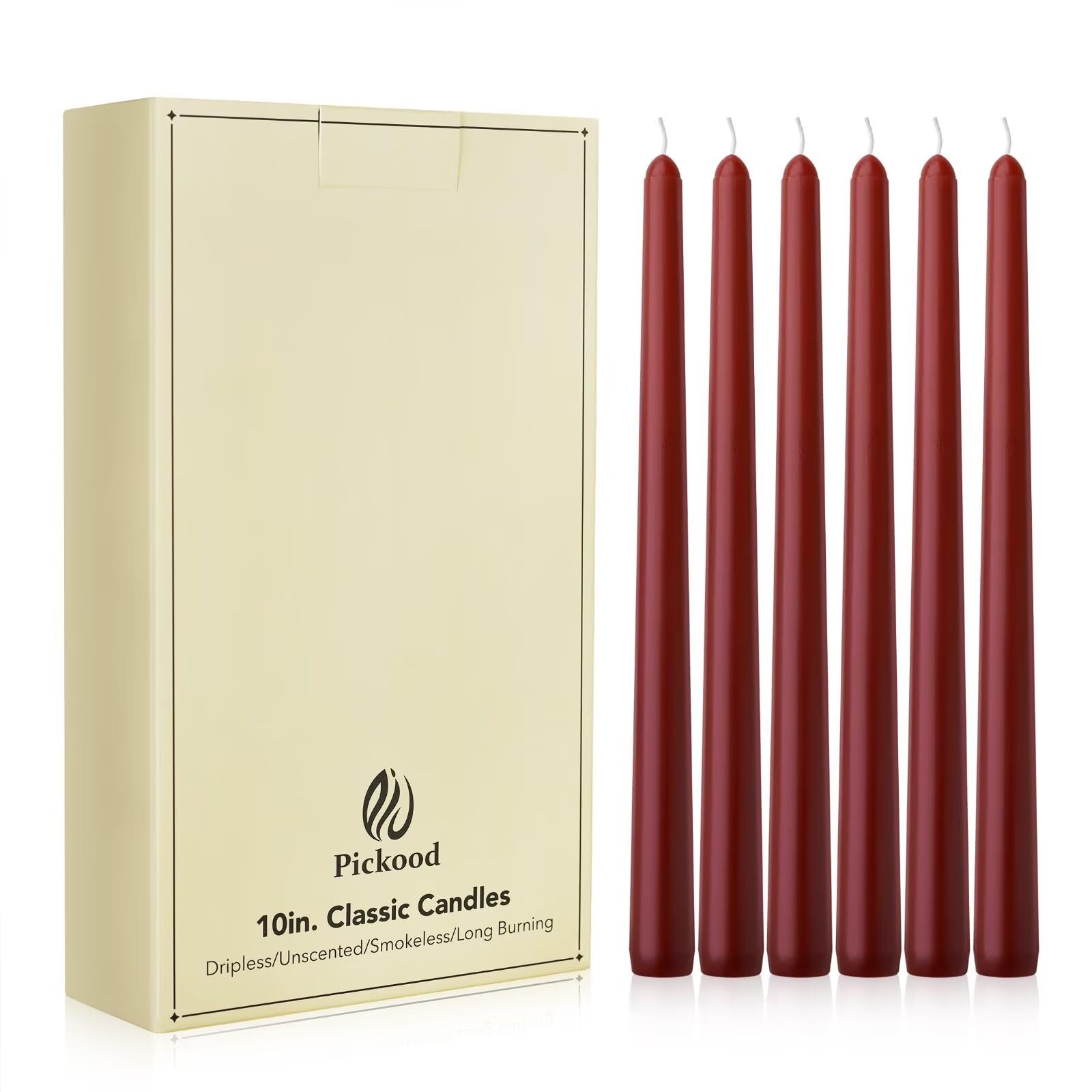 Pickood New Burning Formula Unscented Dripless 10-Inch Taper Candles Set of 12 - Dark Red, for Wedding, Dinner - Smokeless, Long Burning - Hand Poured, Colored Tall Candlesticks - Rojo Oscuro