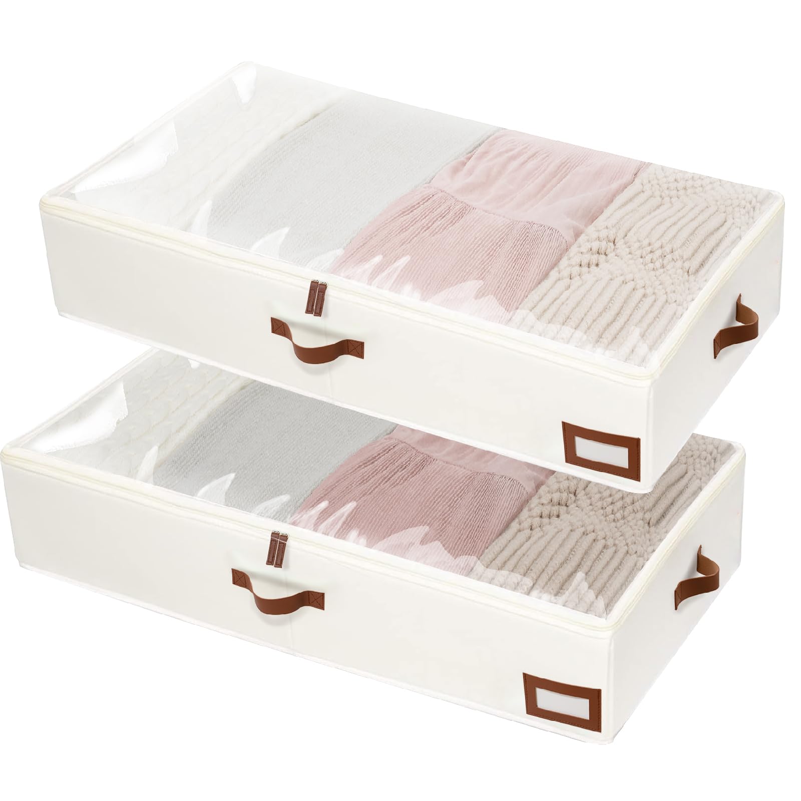 FLYBOX 55L Large Under Bed Storage Box 2-pack, Clothes Underbed Organizer Containers with Durable Fabric, Collapsible Closet Under the bed Storage Bags, 33" L x 16.5" W x 6" H, Beige