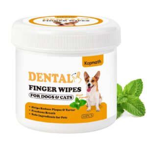 kopmath dog teeth cleaning wipes, wider dog dental wipes for teeth, reduce plaque & tartar, freshen breath,safe& natural pet dental finger wipes for dogs cat, dog tooth wipes finger,50 ct, mint flavor