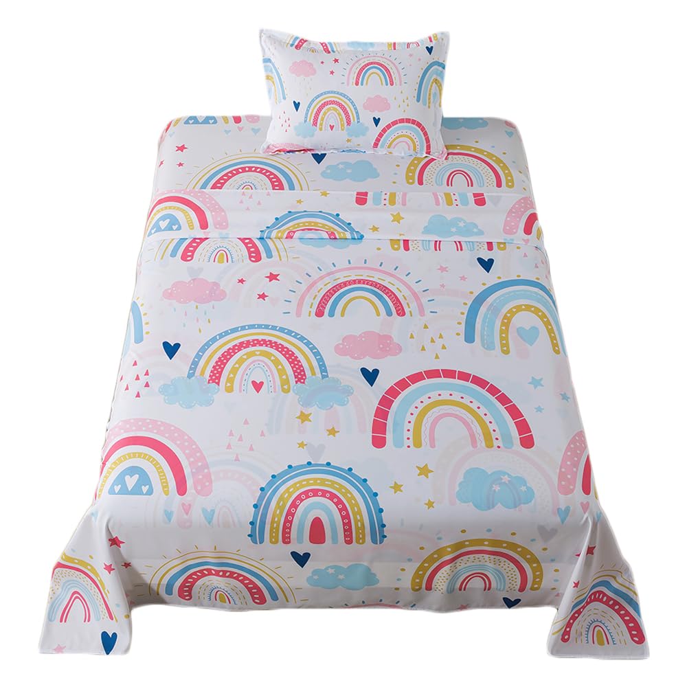 qjmiaofang Rainbow Sheets for Girls Twin Size Rainbow Bed Sheets 3Pieces Cartoon Rainbow Flat Sheet Little Rainbow Fitted Sheet with Clouds Rainbow Bedding 1 Flat Sheet 1 Fitted Sheet 1 Pillowcase