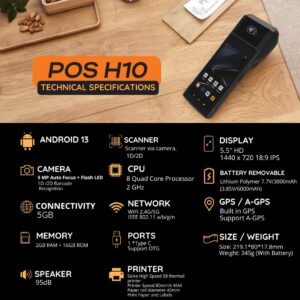 POS PDA H10 Receipt Printer Android 13 and 58mm High Speed Thermal Printer 5.5’ Touch Screen. Handheld Mobil Point of Sale Tablet. Scan 1D/2D/QR barcodes and NFC. 2GB Ram+16GB ROM