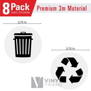 Recycle and Trash Logo Stickers 8 Pack - 2.5in Circle - for Metal or Plastic Garbage cans, and Bins - Indoor & Outdoor - Laminated and UV Protected Premium Decal (White, XSmall)