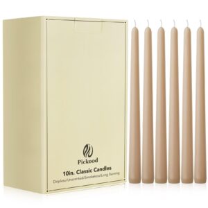 pickood 10-inch tall unscented dripless taper candles bulk 30 pack - beige taper candles bulk, perfect for wedding, dinner - smokeless, 6-8 hour long burning - colored candlesticks bulk - beige