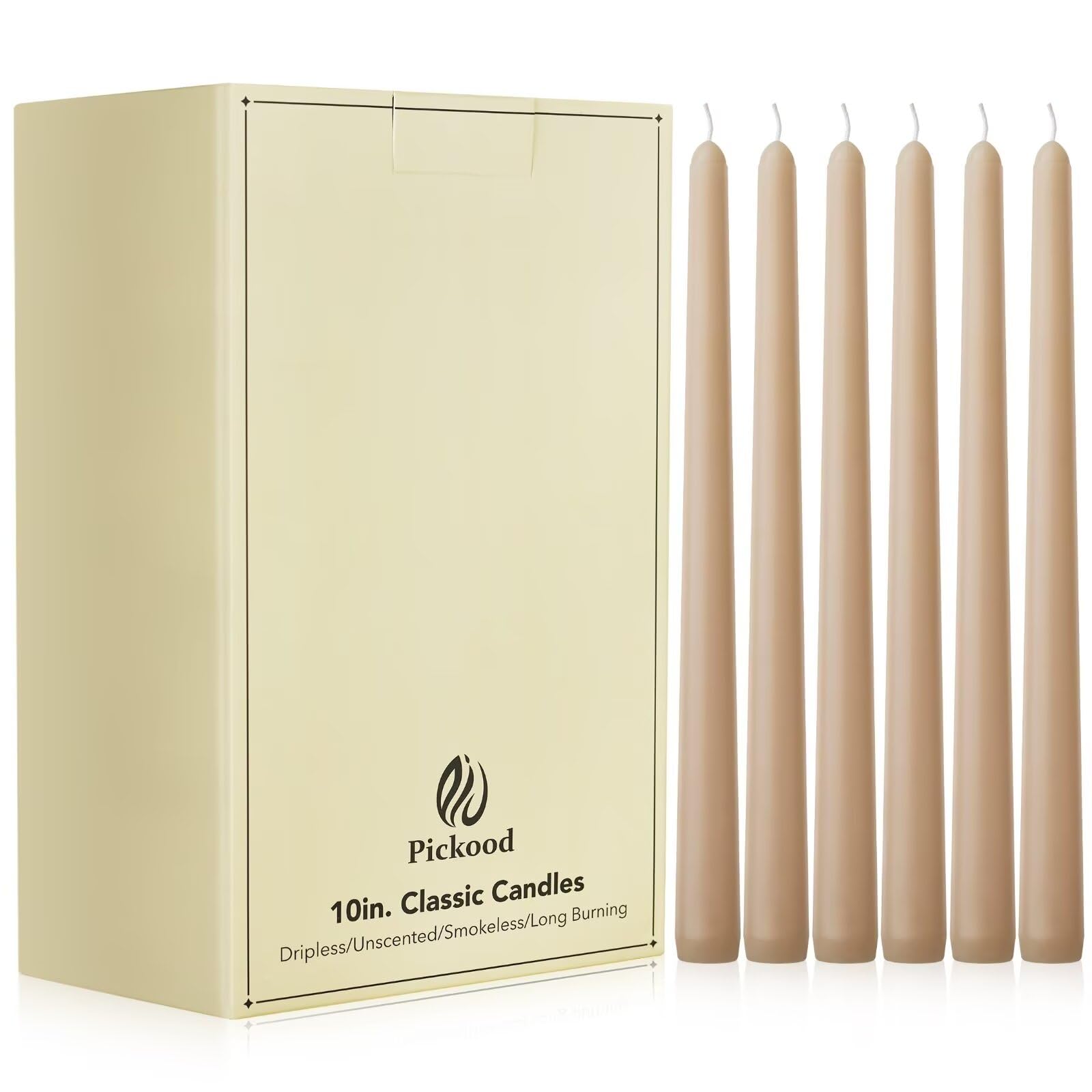 Pickood 10-Inch Tall Unscented Dripless Taper Candles Bulk 30 Pack - Beige Taper Candles Bulk, Perfect for Wedding, Dinner - Smokeless, 6-8 Hour Long Burning - Colored Candlesticks Bulk - Beige