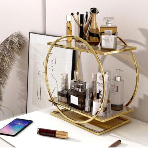 Denique Perfume Organizer Tray Bathroom Counter Organizer, 2 Tier Perfume Stand Makeup Organizer Countertop for Vanity, Skincare Holder Cosmetic Display Rack, Makeup Storage Shelf (Gold)