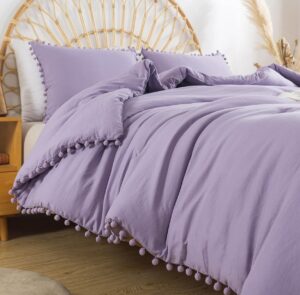 tannicoor pom fringe duvet cover set - 3 piece natural ultra sofe color washed microfiber bedding set, modern style down comforter quilt cover with zipper closure(queen, lavender purple)