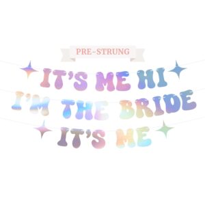 pre-strung it's me hi i'm the bride it's me banner - no diy - iridescent bachelorette party banner - pre-strung on 8 ft strand - taylor themed bachelorette party decorations. did we mention no diy?