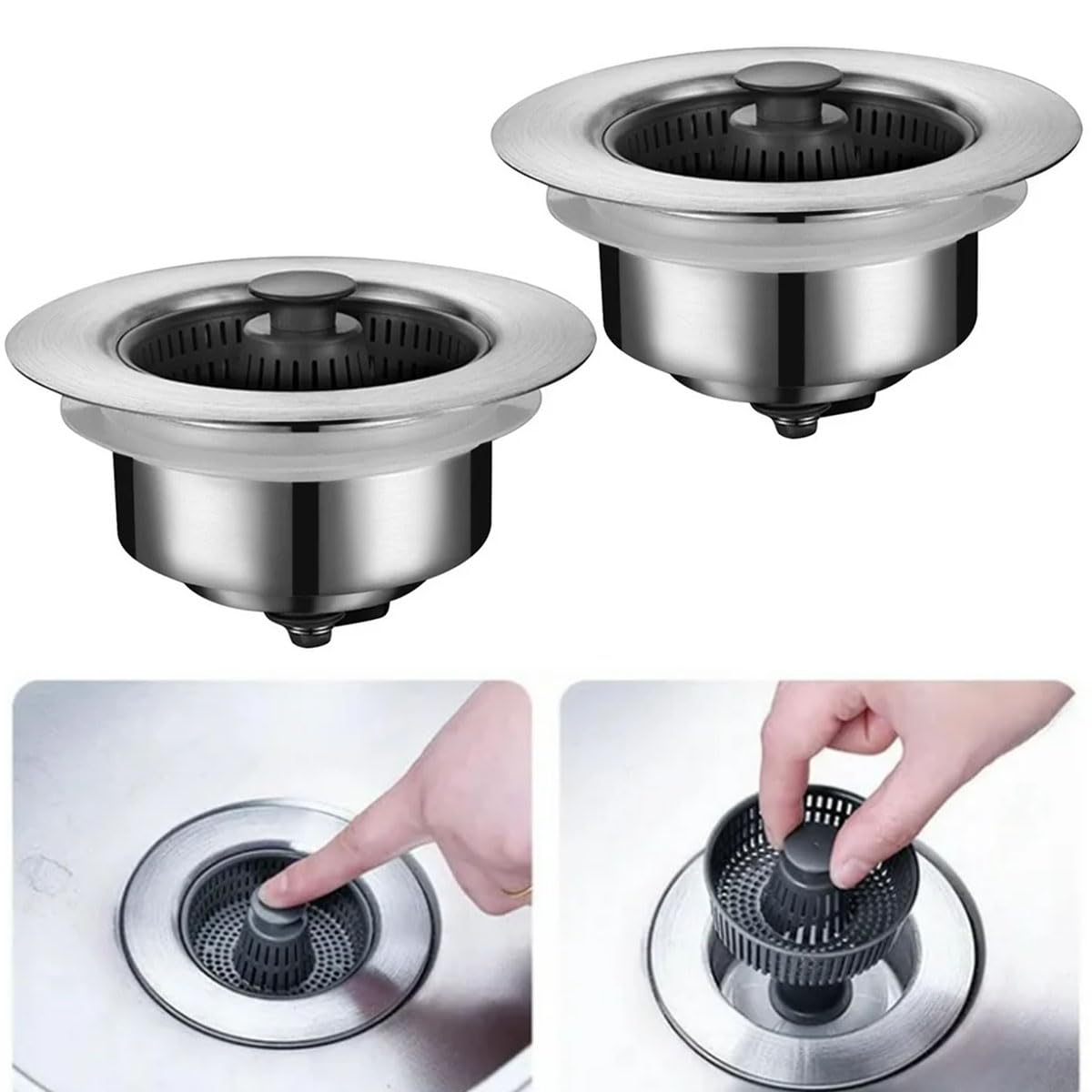 2024 New Upgraded Sink Bounce Core Drain Strainer, 3 in 1 Stainless Steel Sink Strainer Stopper Sink Aid, Universal Wash Basin Spring Core Sink Stopper Kitchen Bathroom Sink Bathtub Accessories (2)