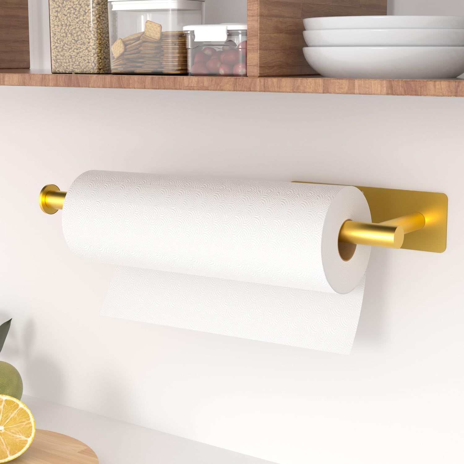 Paper Towel Holder Under Cabinet - Gold Paper Roll Holder Wall Mount, Stainless Steel, Self-Adhesive or Drilling, for Kitchen, Bathroom, RV