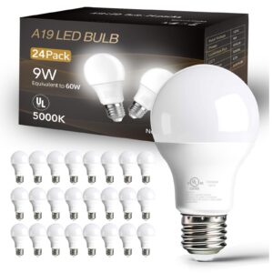 dalattin 24 pack led bulbs daylight white 5000k, 60 watt equivalent a19 standard bulbs, e26 base, 800 lm, efficient 9w energy saving, non-dimmable, 80+ cri, 120v, ul listed, for living room, office