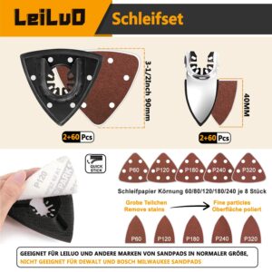 LEILUO 127 Pcs Oscillating Tool Sanding Pad Kit 2Pcs 3-1/2 Inch Triangle Sanding Pads 2Pcs Fingertip Sand Pad 120Pcs Sandpaper 3Pcs Adapters Compatible with DeWalt Dremel Milwaukee and More