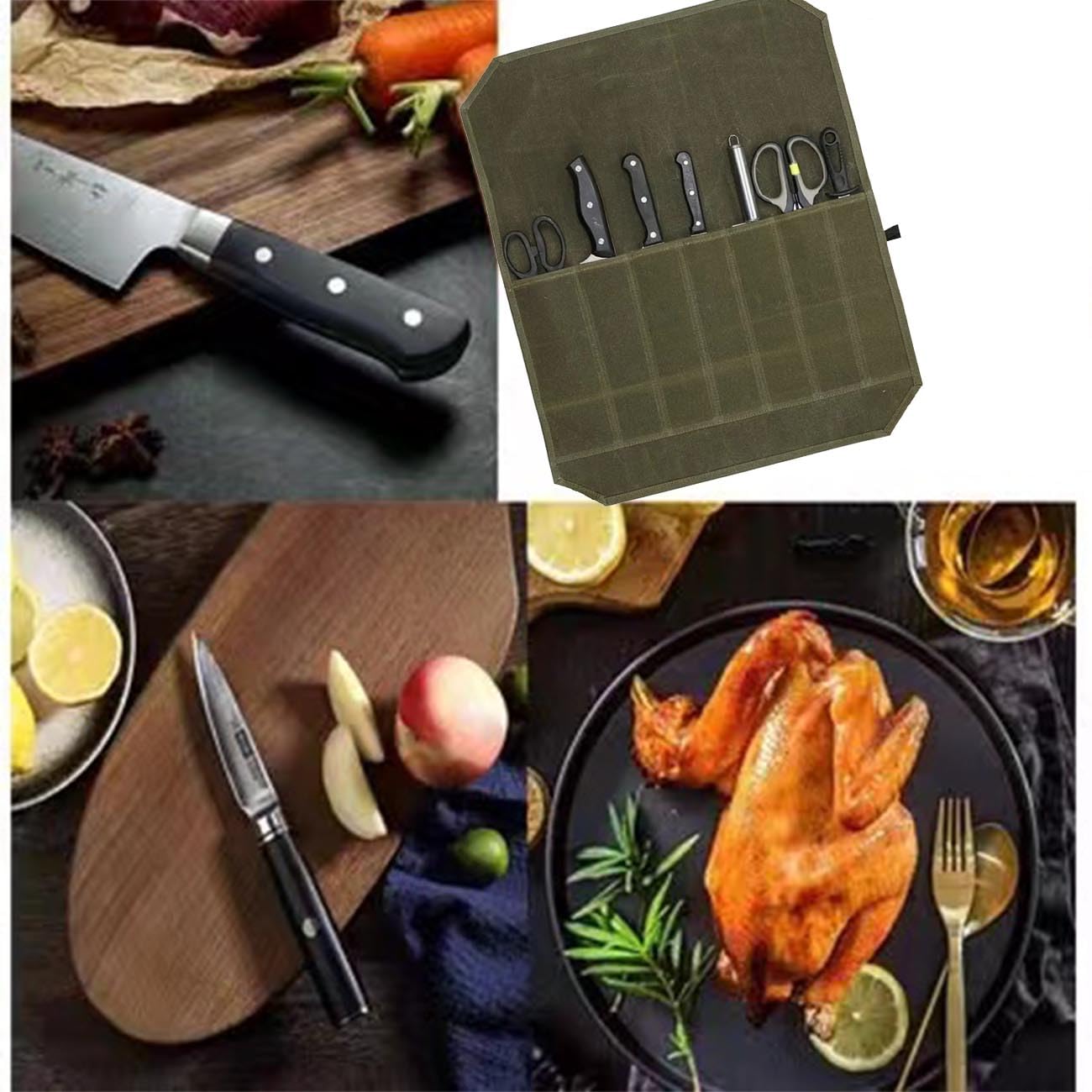 Senvitate Knife Roll, Waxed Canvas Chef's Knife Roll Bag, 7 Knife Slots for Cutlery Knives and Kitchen Utensils, Knife Storage Case Knife Carrier Perfect for the Traveling Chef (Army Green)