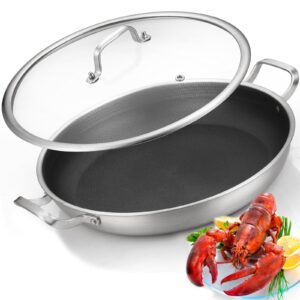 yeksum tri-ply 14.5 inch stainless steel paella pan,12 servings paella pan with lid,18/10 nonstick large skillet,jumbo cooker,induction pan,skillets,for outdoors,camping,parties