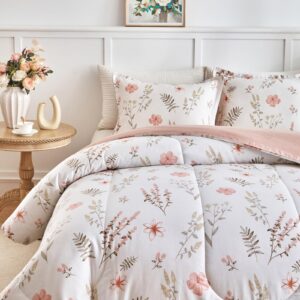 Joyreap 3pcs Floral Cotton Comforter Set for Girls, Pink Flowers n Leaves Botanical Design, Twin Size Soft n Cozy Bedding Comforter Set for All Season- 68x88 inches