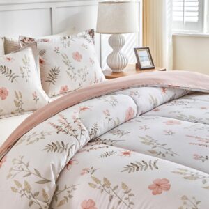 Joyreap 3pcs Floral Cotton Comforter Set for Girls, Pink Flowers n Leaves Botanical Design, Twin Size Soft n Cozy Bedding Comforter Set for All Season- 68x88 inches