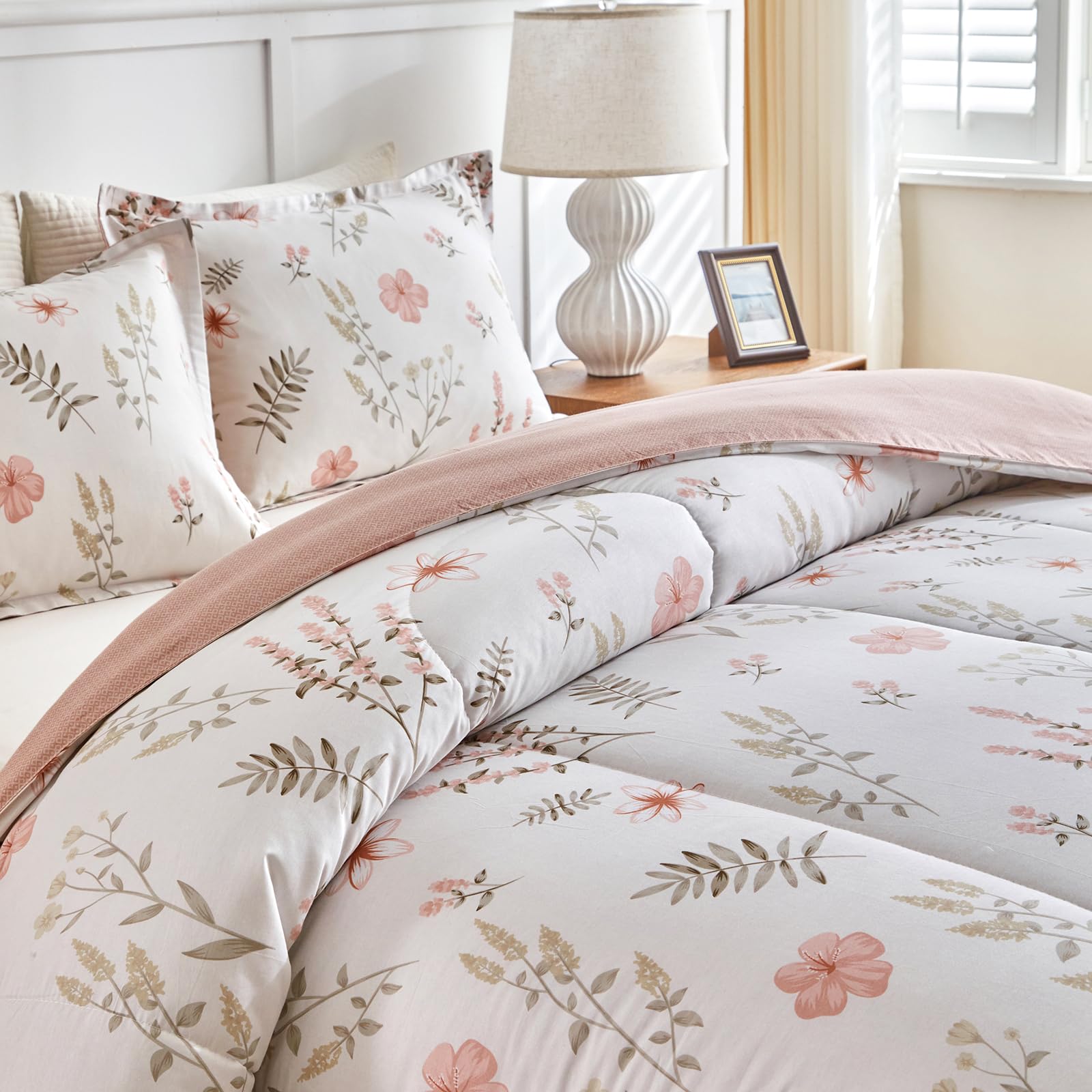 Joyreap 3pcs Floral Cotton Comforter Set for Girls, Pink Flowers n Leaves Botanical Design, Twin Size Soft n Cozy Bedding Comforter Set for All Season- 68x88 inches