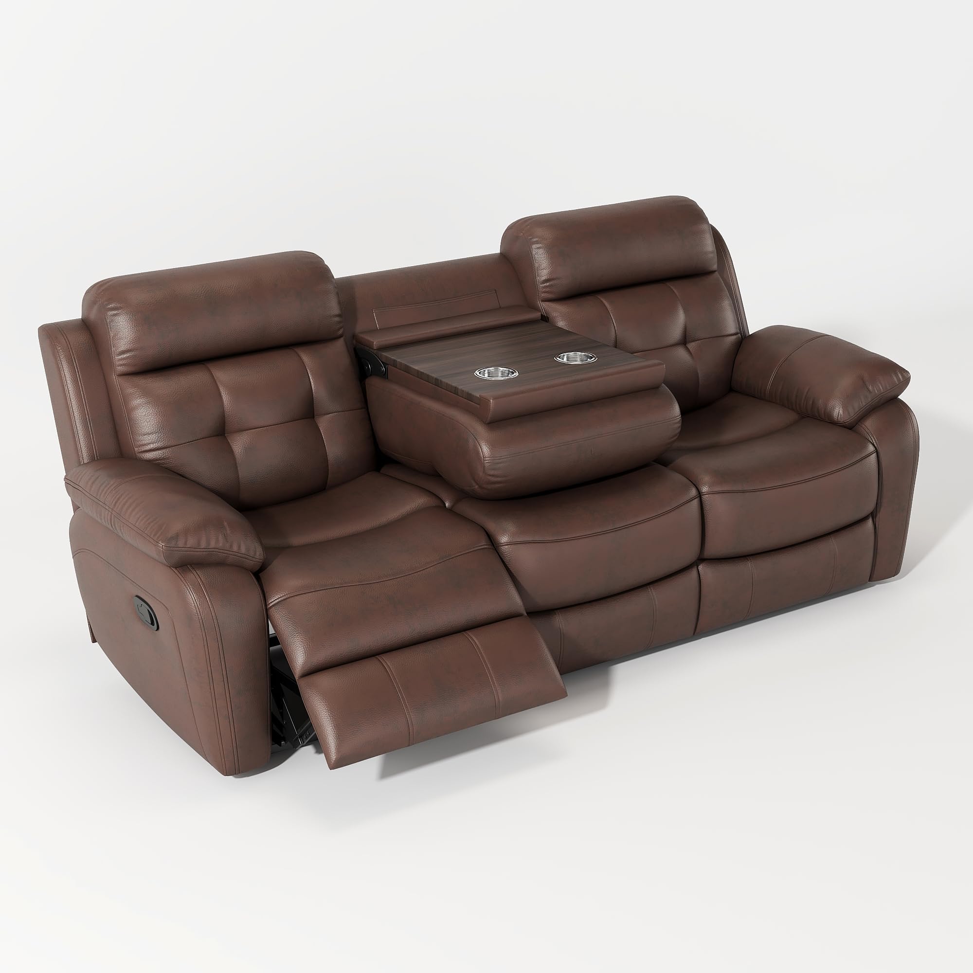 Gahowlen Genuine Leather Manual Reclining Sofa, 3-Seater Couch with Drop Down Table, Cup Holders & Magazine Bag, 3-Seat Dual Recliner Chair for Living Room Home Theater Office, Brown