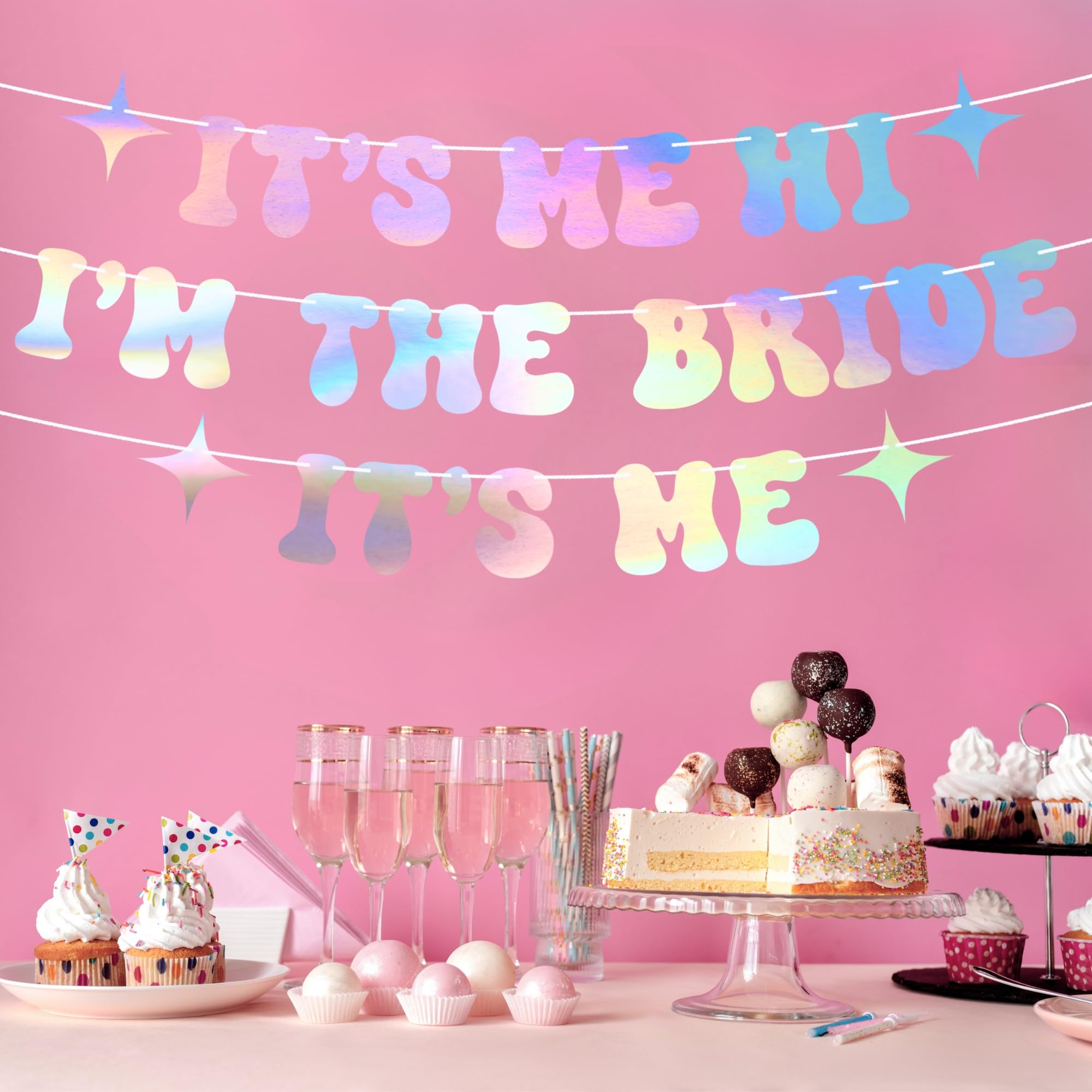 Pre-Strung It's Me Hi I'm The Bride It's Me Banner - NO DIY - Iridescent Bachelorette Party Banner - Pre-Strung on 8 ft Strand - Taylor Themed Bachelorette Party Decorations. Did we mention no DIY?