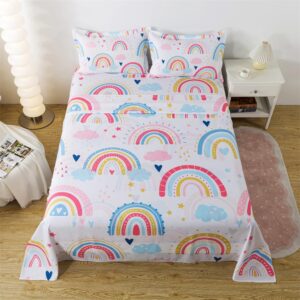 qjmiaofang Rainbow Sheets for Girls Twin Size Rainbow Bed Sheets 3Pieces Cartoon Rainbow Flat Sheet Little Rainbow Fitted Sheet with Clouds Rainbow Bedding 1 Flat Sheet 1 Fitted Sheet 1 Pillowcase