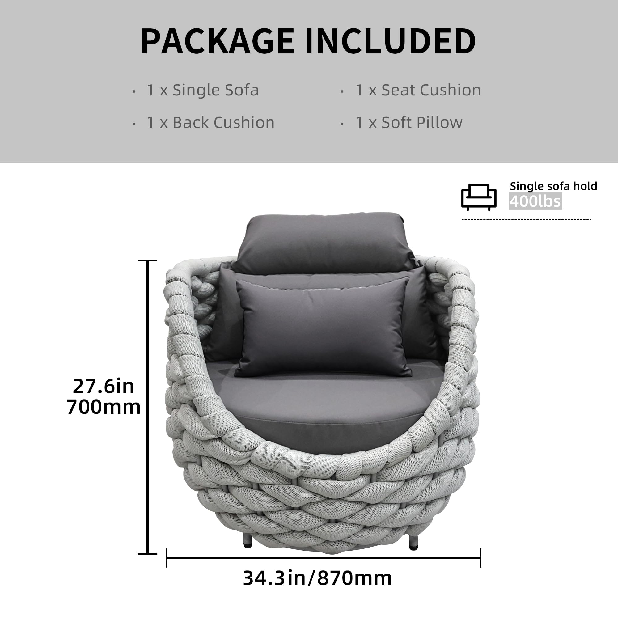 TWT 2 Pieces Patio Furniture Aluminum Armchair, All-Weather Outdoor Single Sofa, Metal Outdoor Chair with Dark Grey Cushions