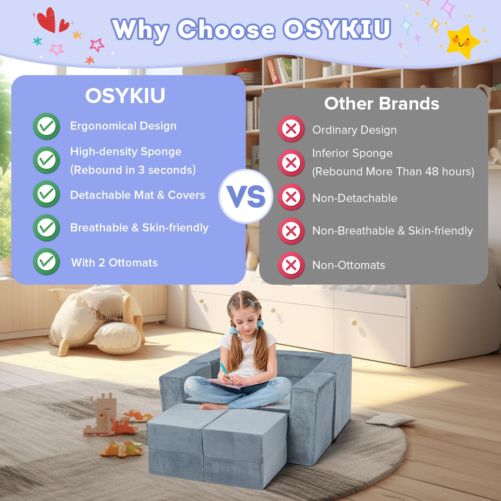 OSYKIU Kids Couch Sofa, 7 Pcs Modular Toddler Couch, Freely Removable Kids Chair Sofa for Playing, Creativity, Sleeping, Versatile Fold Out Baby Play Couch Set for Playroom, Bedroom Furniture