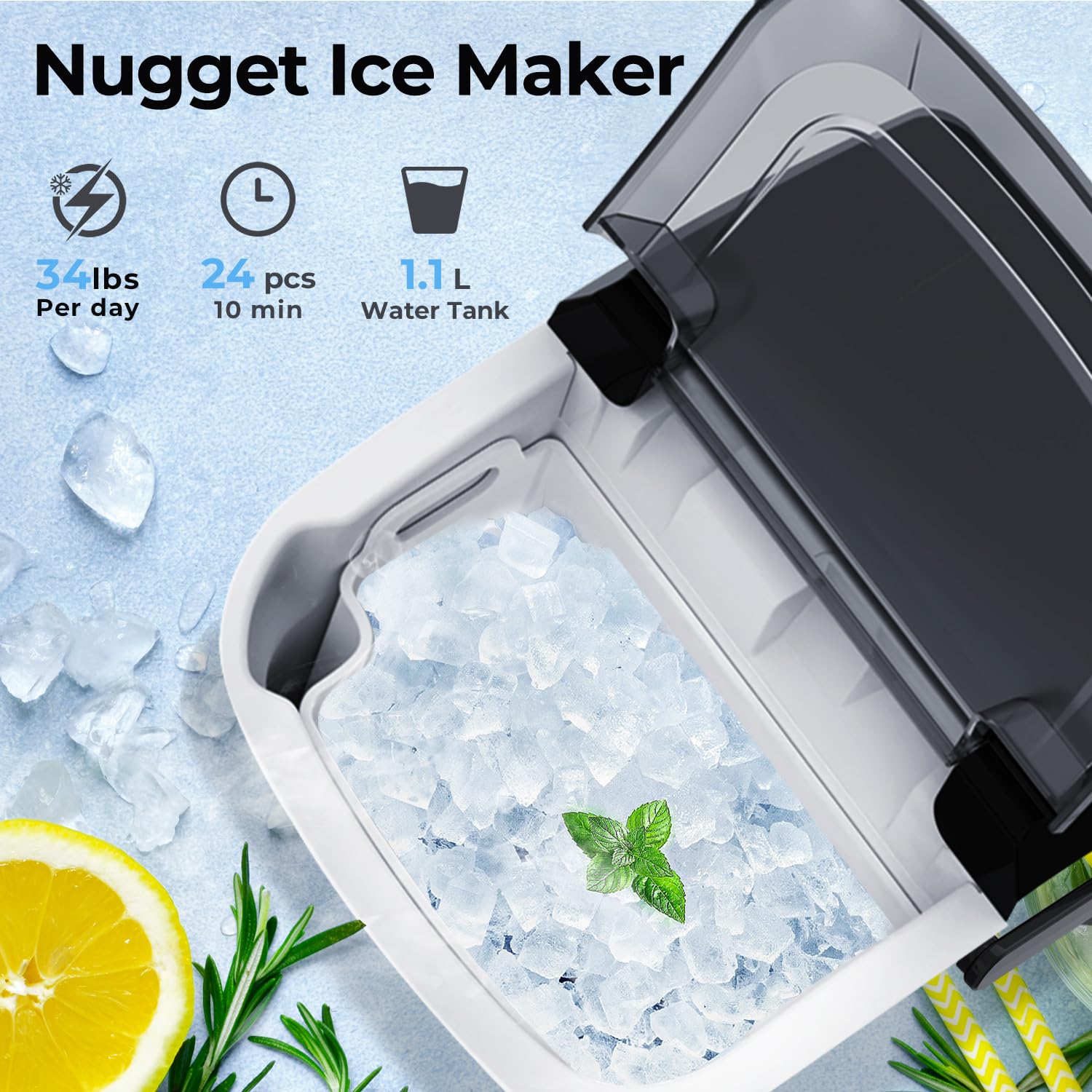 R.W.FLAME Nugget Ice Maker Countertop with Soft Chewable Pellet Ice,Pebble Portable Ice Machine with Ice Scoop, 34lbs/24 Hours, Self-Cleaning, Sonic Ice, One-Click Operation, for Kitchen,Office