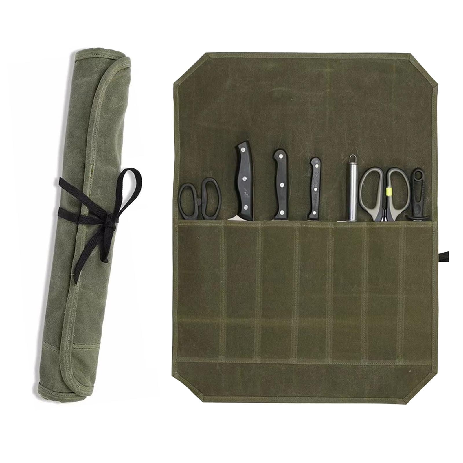 Senvitate Knife Roll, Waxed Canvas Chef's Knife Roll Bag, 7 Knife Slots for Cutlery Knives and Kitchen Utensils, Knife Storage Case Knife Carrier Perfect for the Traveling Chef (Army Green)