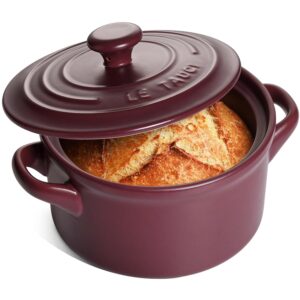 le tauci 3 quart dutch oven pot with lid, for no knead bread baking, sourdough loaf, non-coated & non-toxic ceramic small bread oven pan, use as non-stick soup & stew pot, burgundy red