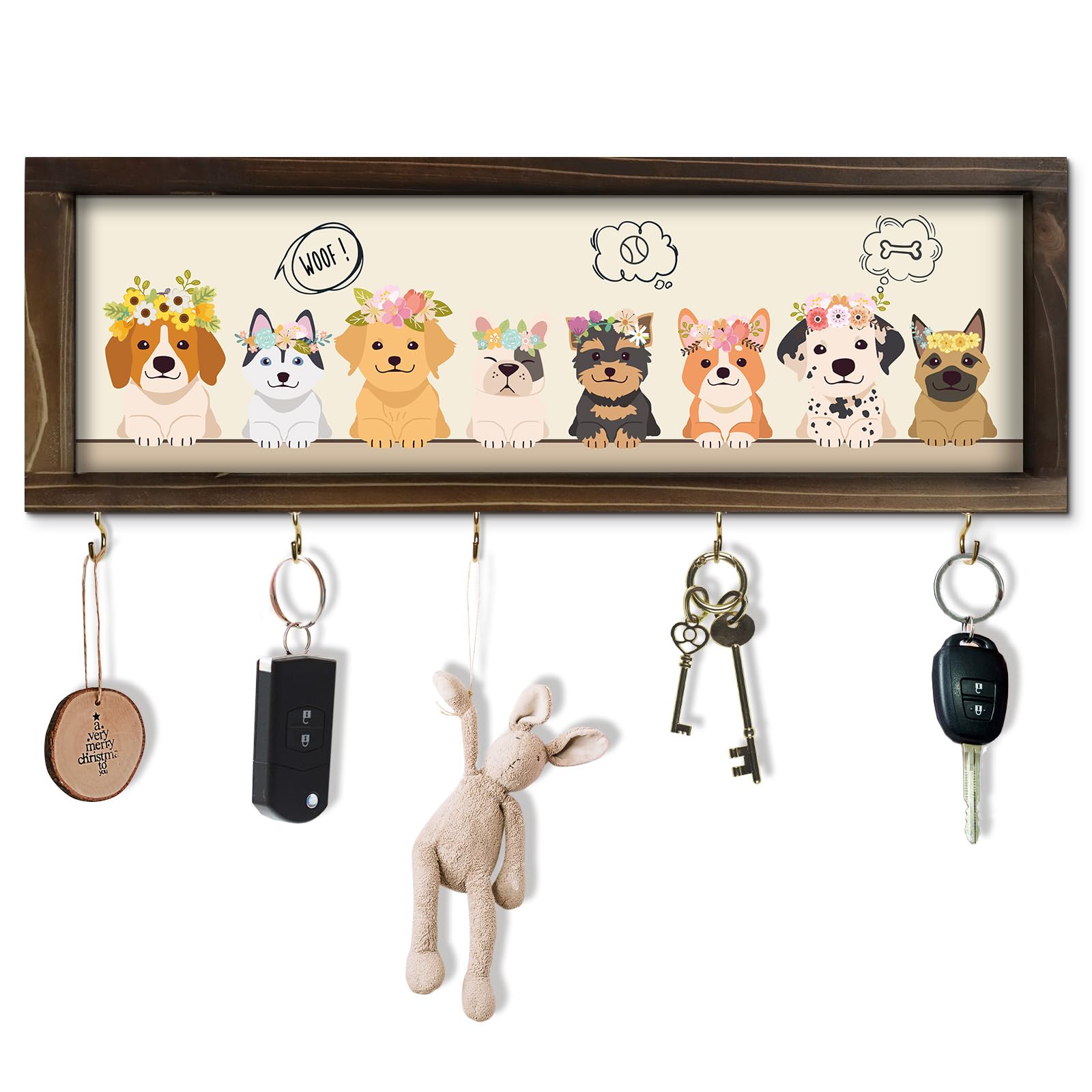 Kas Home Dog Wall Decor Wooden Key Holder Wall Mount with 5 Hooks, Cute Dog Wall Art Farmhouse Wood Key Rack Hanger for Entryway Hanging Wall Decorations (White - Dog, 5.5" x 16.5")