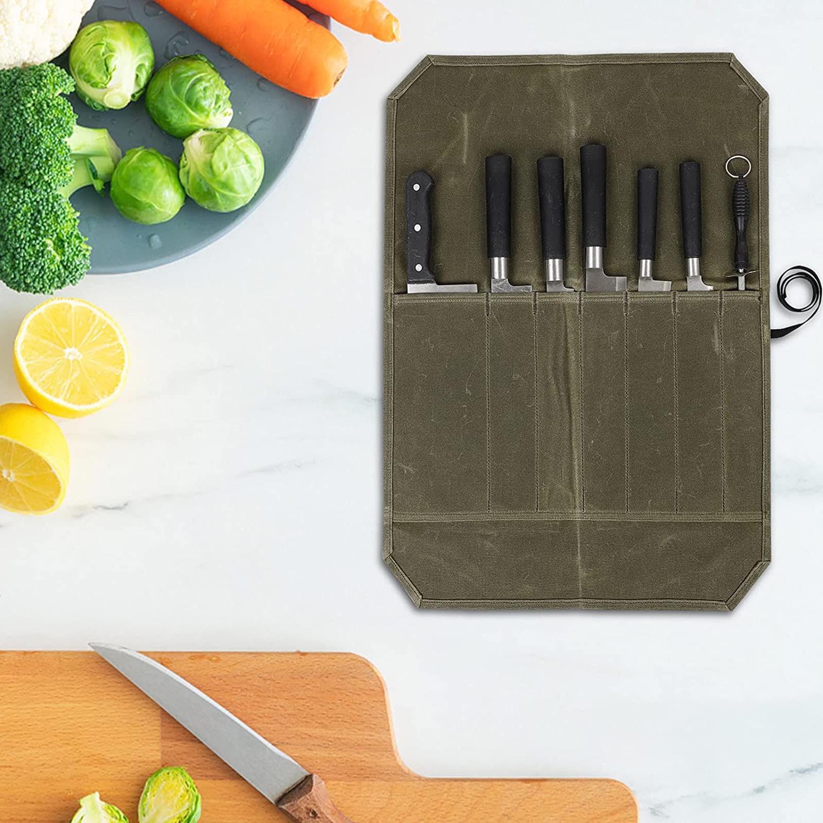 Senvitate Knife Roll, Waxed Canvas Chef's Knife Roll Bag, 7 Knife Slots for Cutlery Knives and Kitchen Utensils, Knife Storage Case Knife Carrier Perfect for the Traveling Chef (Army Green)