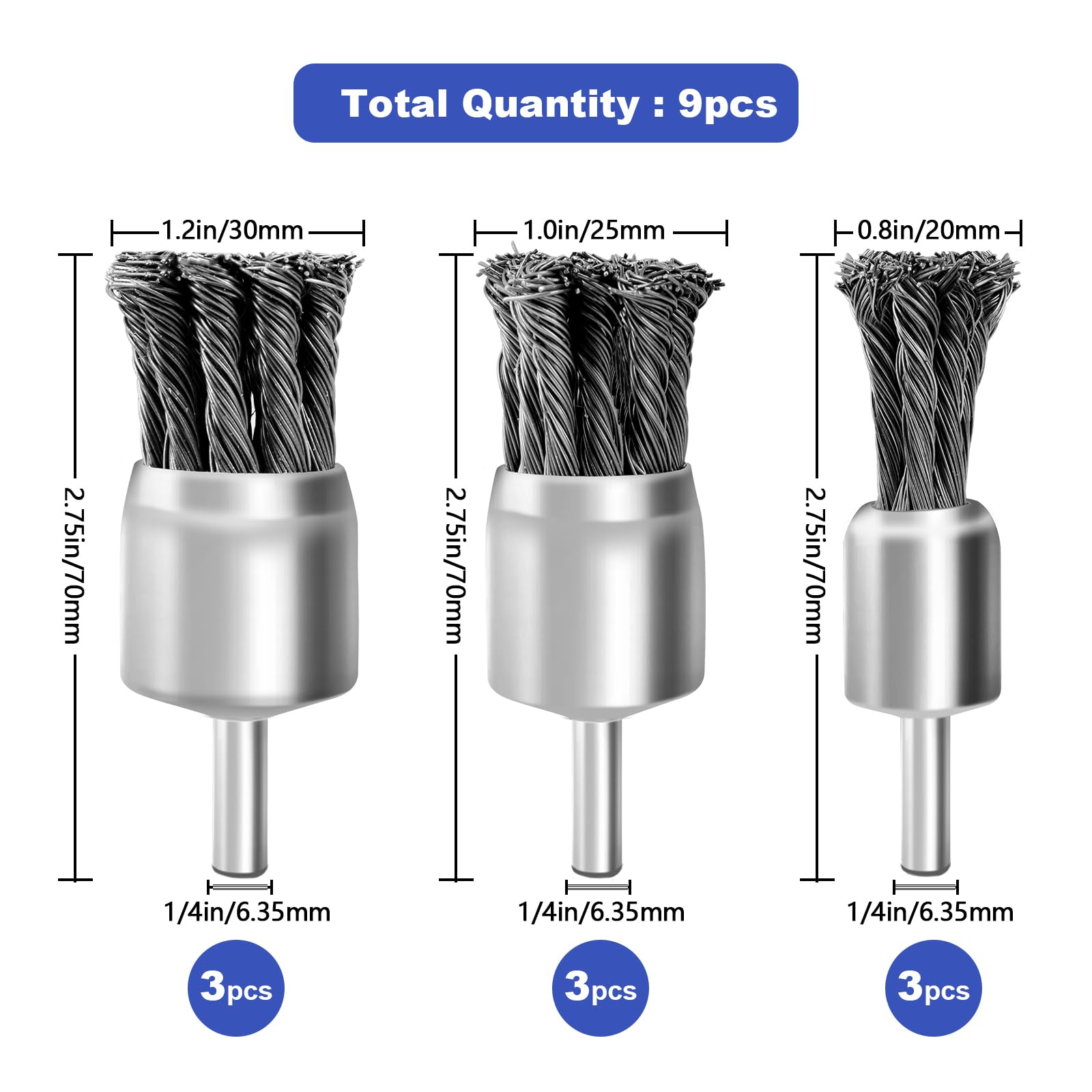 LSTOPGO 9 Pack 0.8" 1" 1.2" Knotted Wire Brush for Drill,1/4 Inch Arbor,Carbon Steel Twisted Wire Brush for Rust,Corrosion,Paint Removal