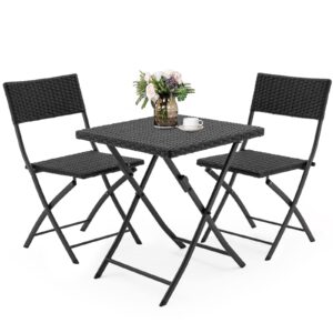 3 pieces outdoor patio bistro set, all weather brown pe rattan patio furniture sets with folding patio square table and chairs for garden,backyard,balcony,porch (black)