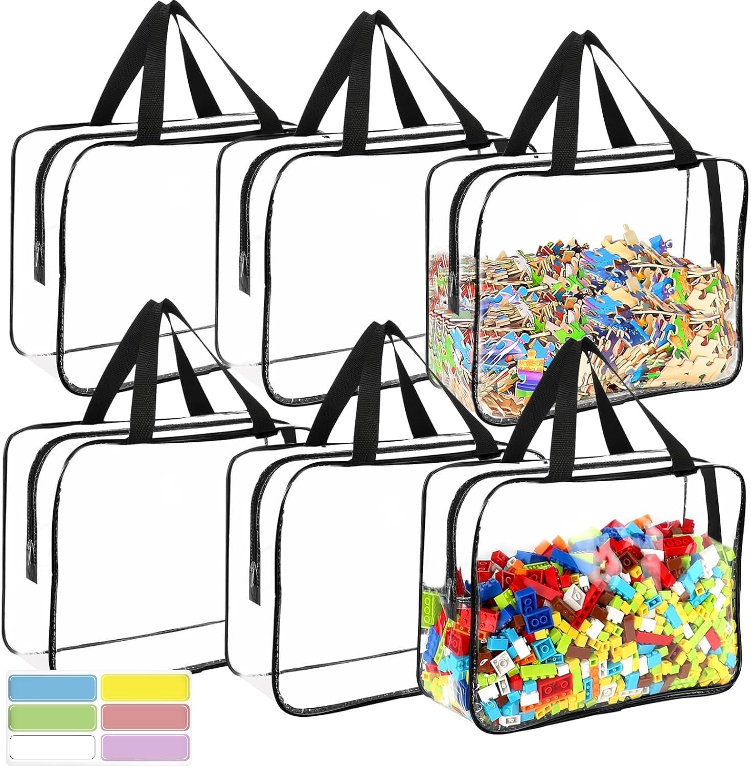 FANMHY 6 Pack Large Storage Bags with Labels, Reusable Clear PVC Storage Bags, Travel Waterproof Organizer Bags with Zipper for Building Blocks Puzzle Stationery