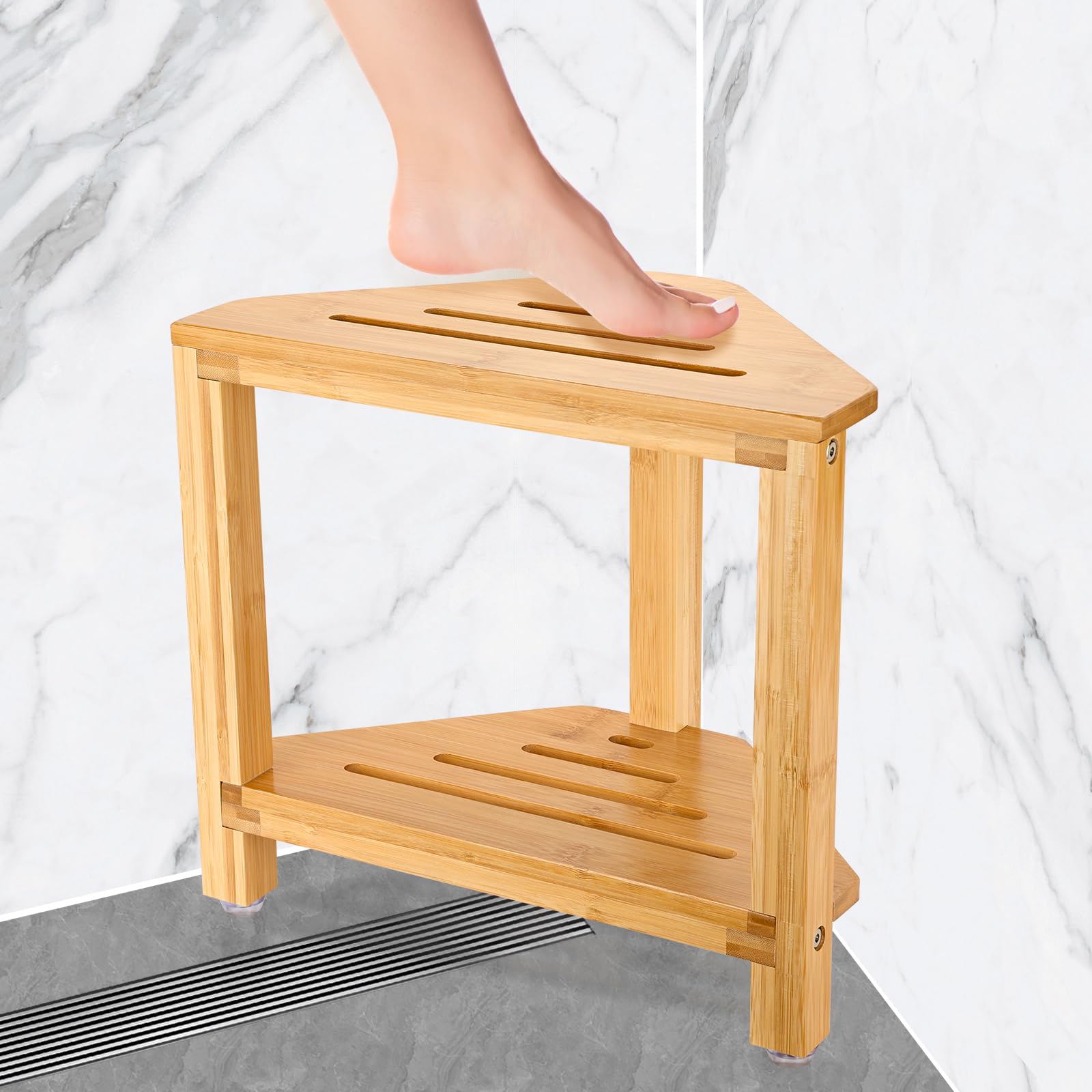 IBosins Corner Shower Stool Shower Foot Rest for Shaving Legs Small Shower Bench for Inside Shower to Sit on Bath Stool with Storage Shelf Shower Accesories (Bamboo Wood)