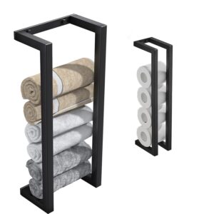 2 in 1 modern towel rack for rolled towels,towel storage rack for bathroom or toiled paper organizer,premium aluminum matte black bath towel holder,easy to install