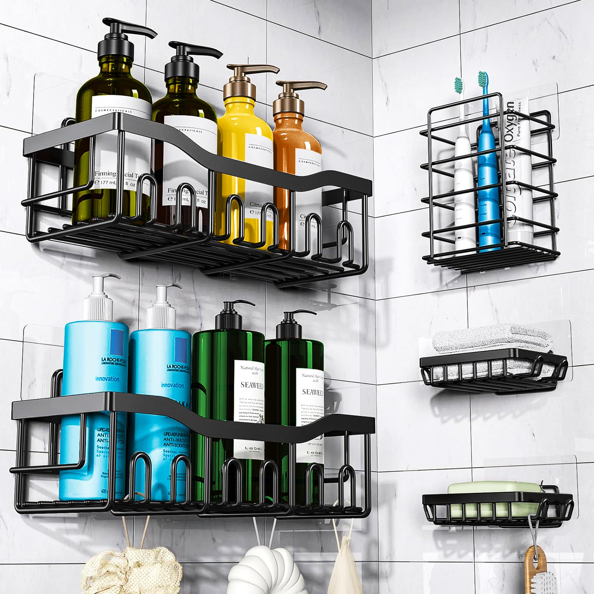 Shower Caddy Adhesive Shower Organizer for Bathroom Storage Organization, 5 Pack Shower Shelves No Drilling, Rustproof Stainless Steel Home & Kitchen Decor, Wall Hanging, RV Accessories, Black