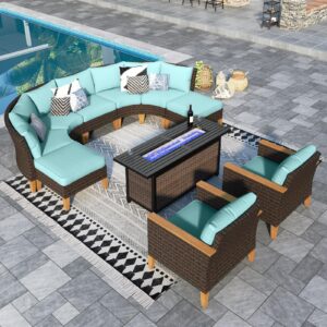 sophia & william patio furniture set with fire pit table, 10 piece half moon outdoor wicker sectional sofa set, rattan conversation set with 56-inch fire pit table for backyard, deck, pool(aqua blue)