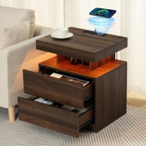 hommpa rustic nightstand with wireless charging station led bedside table with 2 drawers end table with open shelf smart nightstand usb night stand with led light for bedroom dark walnut wood