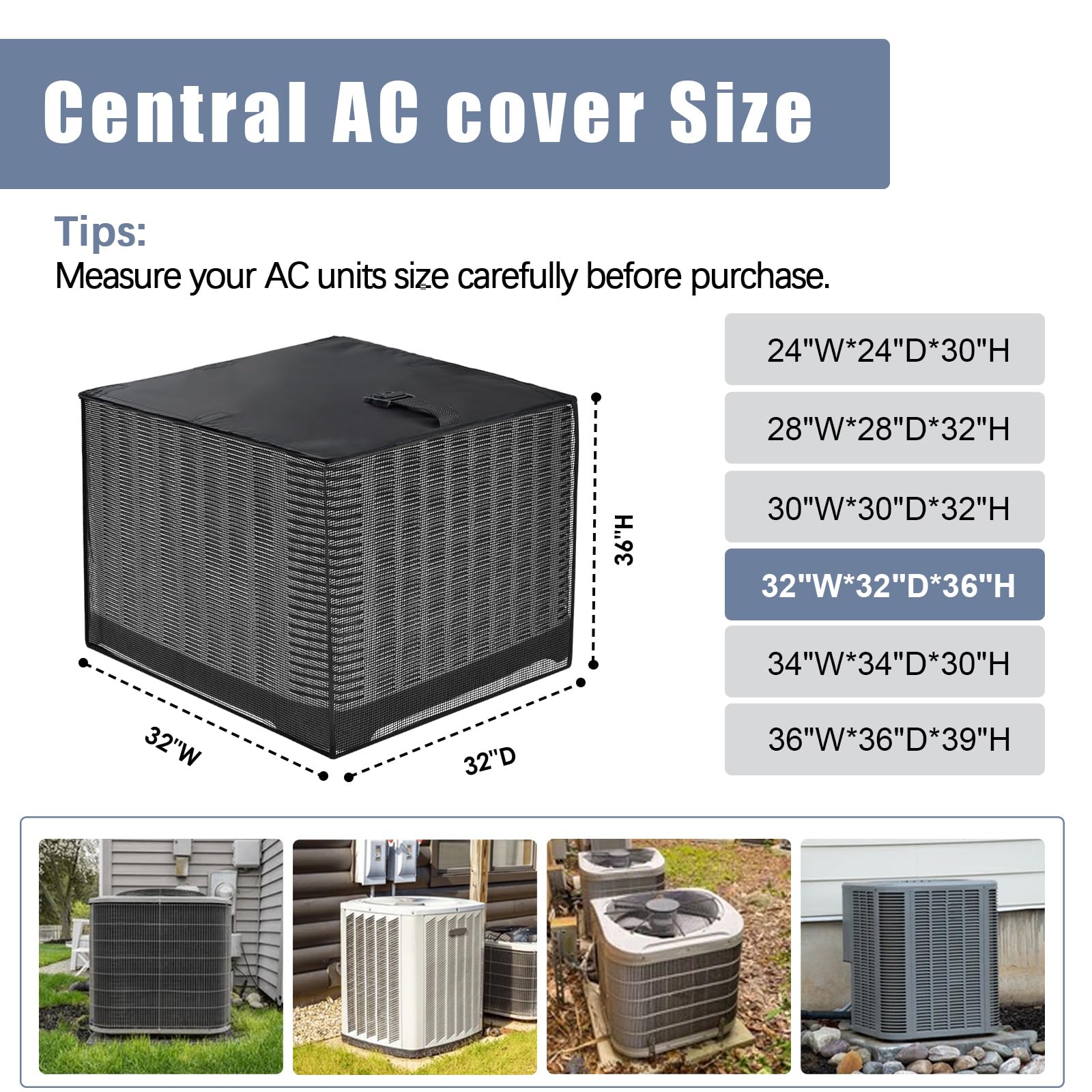 Air Conditioner Covers for Outside, Breathable Full Mesh With Waterproof Top Air Conditioner Cover for All Seasons, AC Unit Cover Protect from Cotttonwood Fluff, Leaves, Debris, 32"W x 32"D x 36"H