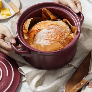 LE TAUCI 3 Quart Dutch Oven Pot with Lid, for No Knead Bread Baking, Sourdough Loaf, Non-Coated & Non-Toxic Ceramic Small Bread Oven Pan, Use as Non-Stick Soup & Stew Pot, Burgundy Red