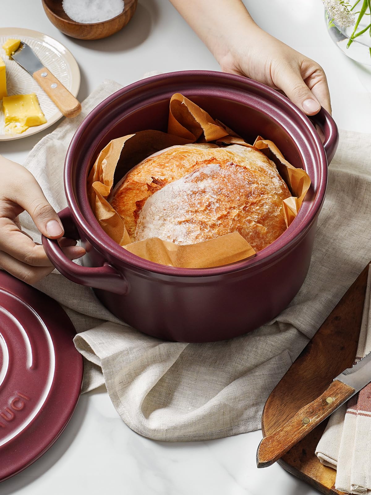 LE TAUCI 3 Quart Dutch Oven Pot with Lid, for No Knead Bread Baking, Sourdough Loaf, Non-Coated & Non-Toxic Ceramic Small Bread Oven Pan, Use as Non-Stick Soup & Stew Pot, Burgundy Red