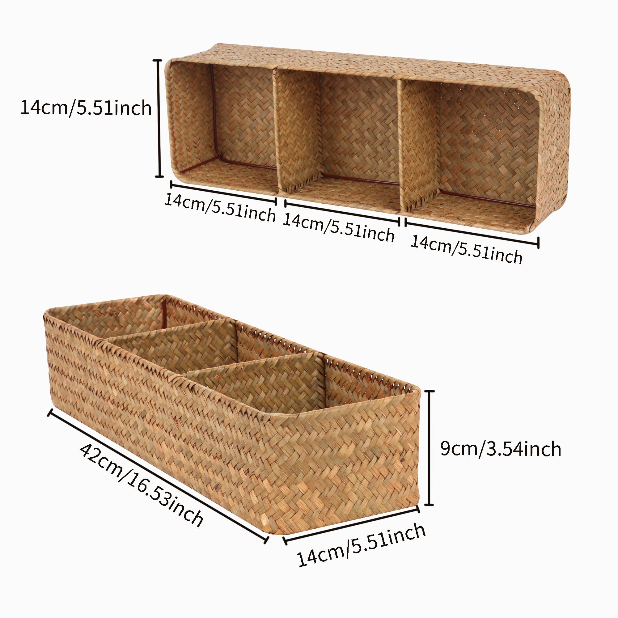 Moosky Shelf Baskets with Dividers, Seagrass Storage Baskets Rectangular Wicker Woven Back of Toilet Basket for Home Organizer (Natural)