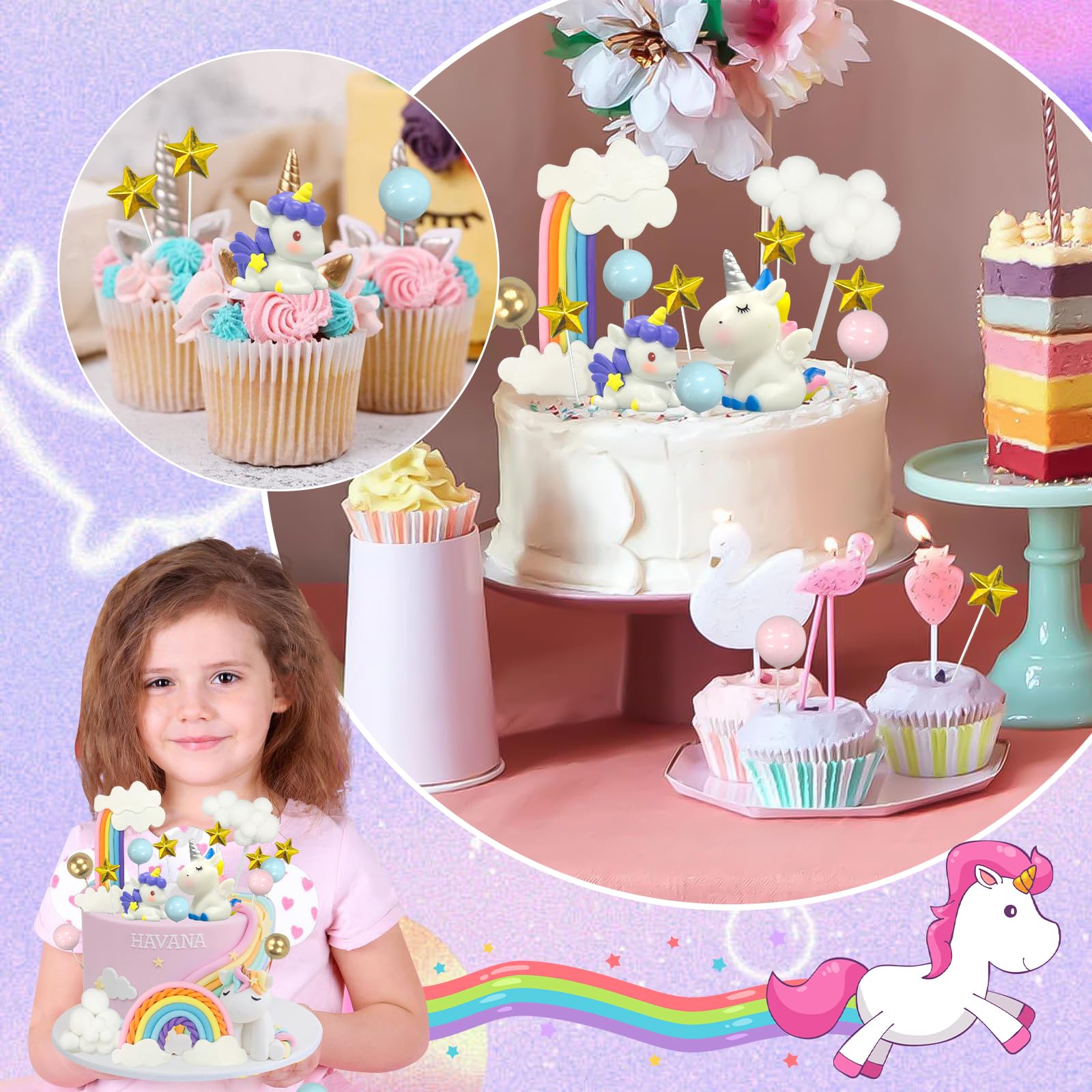 Rainbow Cake Decorations Rainbow Horse Cake Topper Rainbow Cloud Cake Topper Kit Balloon Happy Birthday Banner Cake Decoration Ball Cupcake Picks for Kids Girls Baby Shower Birthday Party Supplies