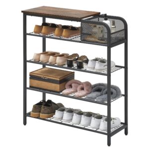 coucheta shoe rack for entryway, 5 tier shoe storage rack for 12-16 pairs of shoes, shoe rack adjustable shoe organizer with sturdy wooden top and mesh storage basket, industrial style, rustic brown