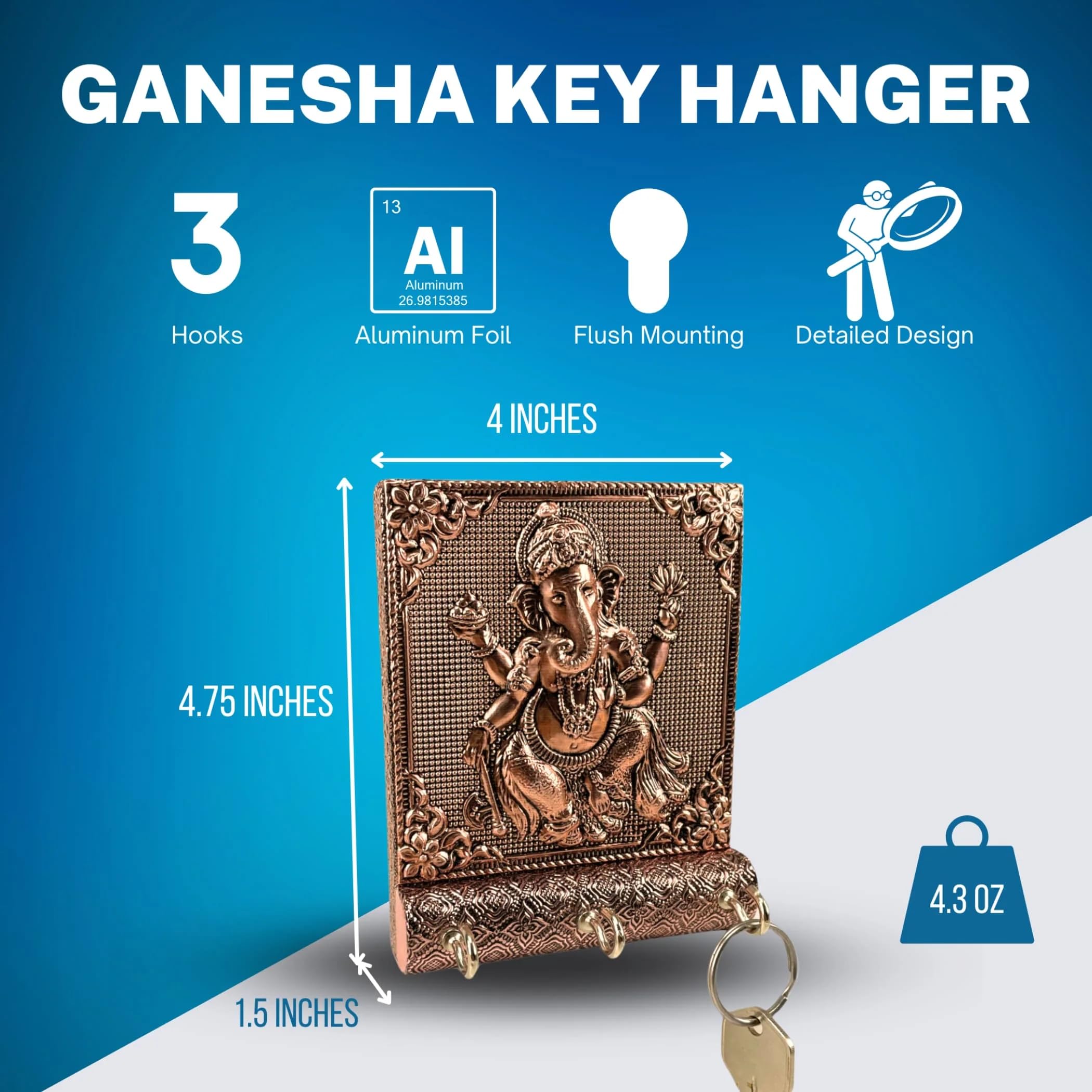 LoveNspire Lord Ganesha Key Holder Home Decor Key Hooks for Wall Hanging Hand Crafted Decorative Showpiece Key Organizer Office Entryway Hallway Living Room Wall Mounted with 3 Hooks Housewarming Gift