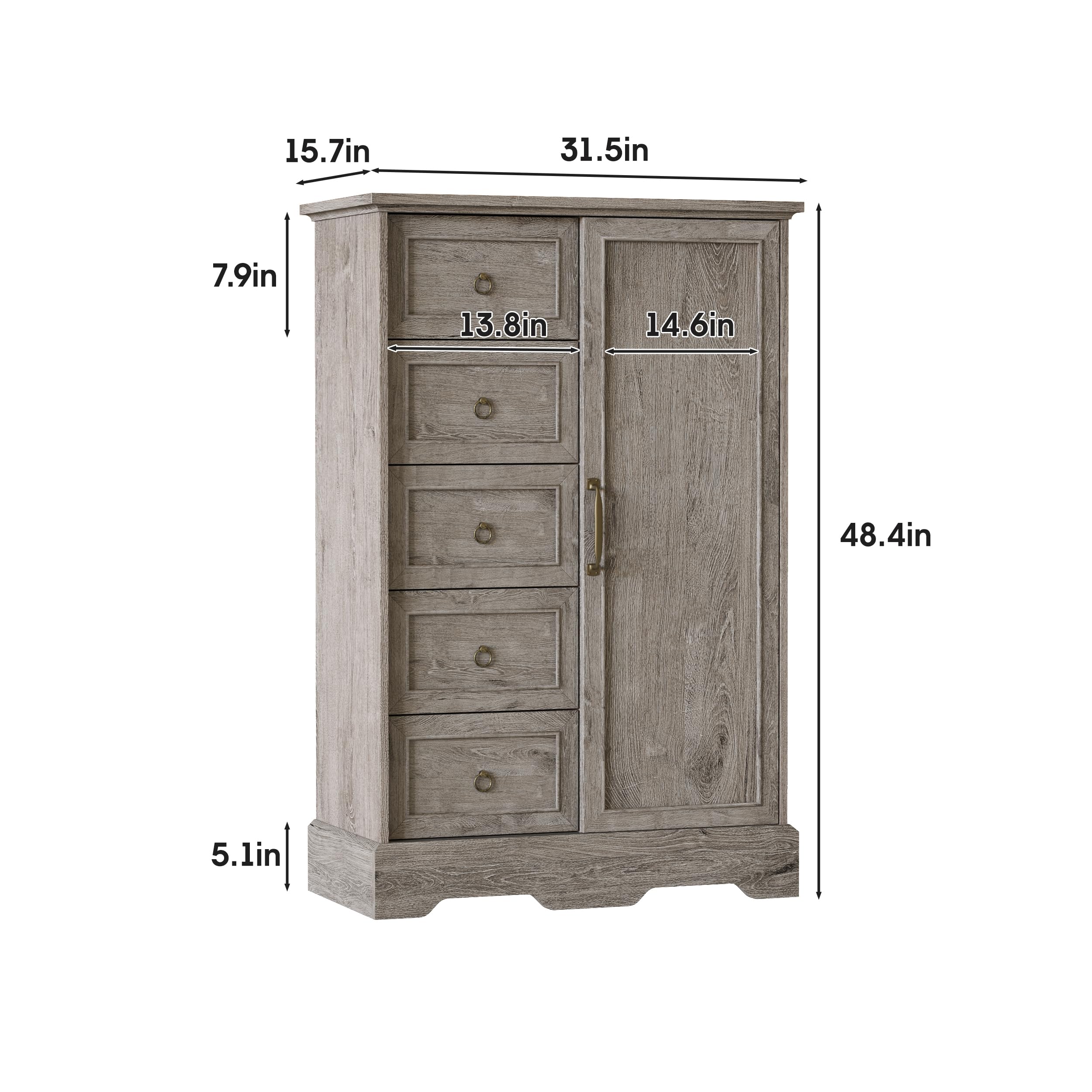 Vabches Dresser for Bedroom, 5 Drawers Dresser Organizer with Sliding Barn Door, 48" Tall Farmhouse Chest of Drawers, Wood Dresser for Hallway, Bedroom, Living Room, Rustic Washed Grey