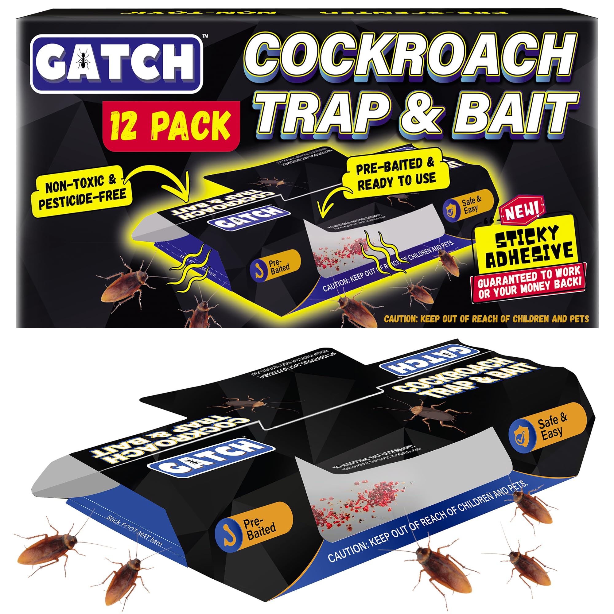 Cockroach Killer Indoor Home (12 Pack), Cockroach Traps Indoor Sticky, Baited Glue Roach Killer Indoor Infestation for Roaches, Spider, Cricket, Cars & Home, Child & Pet Friendly