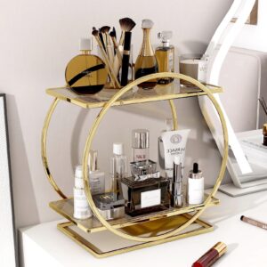 denique perfume organizer tray bathroom counter organizer, 2 tier perfume stand makeup organizer countertop for vanity, skincare holder cosmetic display rack, makeup storage shelf (gold)