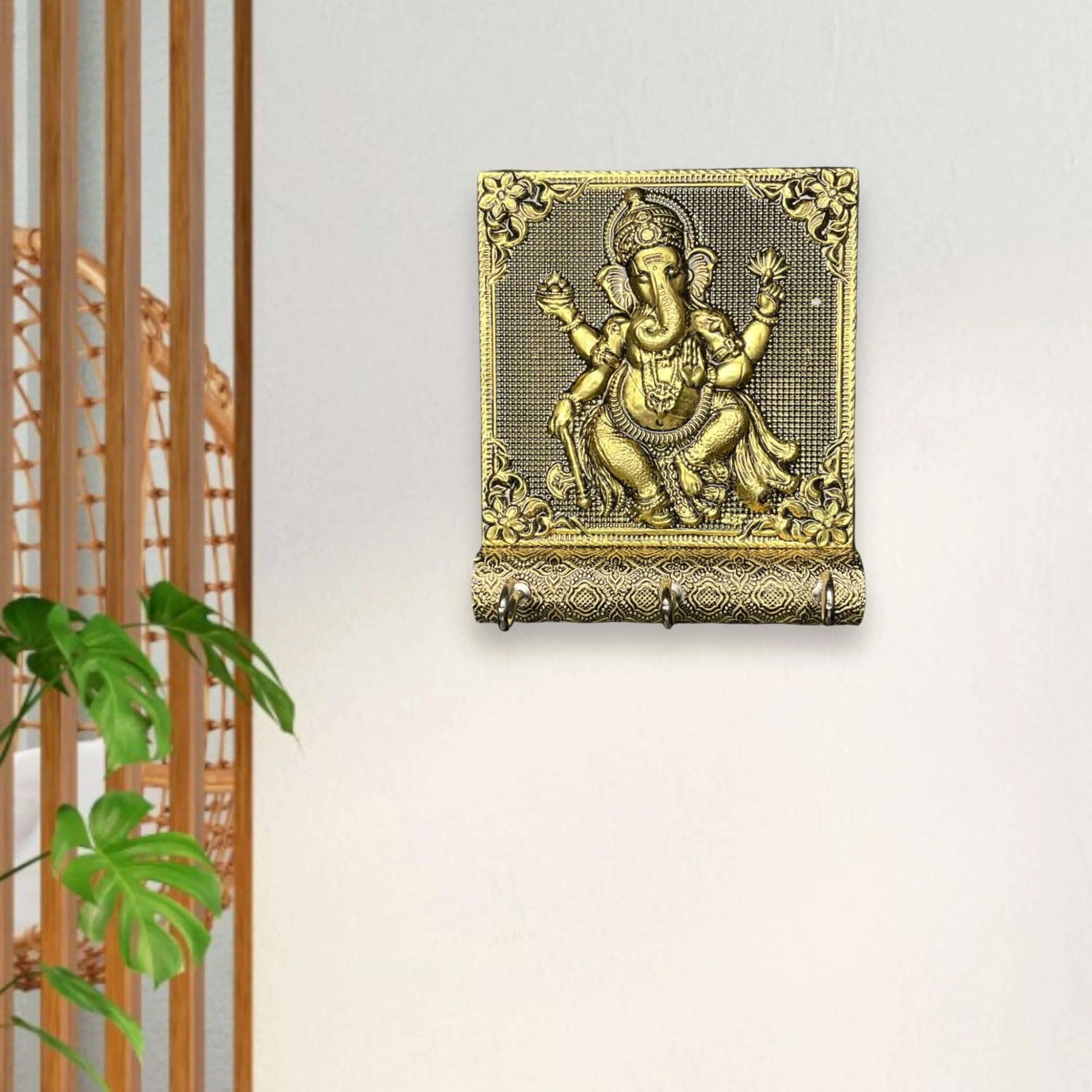 LoveNspire Lord Ganesha Key Holder Home Decor Key Hooks for Wall Hanging Hand Crafted Decorative Showpiece Key Organizer Office Entryway Hallway Living Room Wall Mounted with 3 Hooks Housewarming Gift