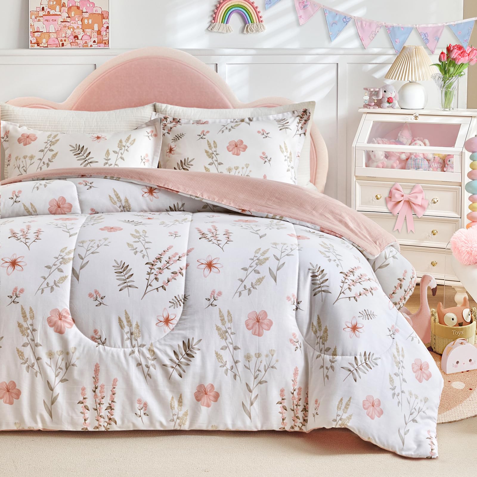 Joyreap 3pcs Floral Cotton Comforter Set for Girls, Pink Flowers n Leaves Botanical Design, Twin Size Soft n Cozy Bedding Comforter Set for All Season- 68x88 inches